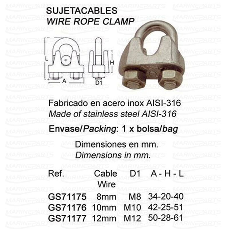 WIRE ROPE CLIP A/SI-316 12mm, marineparts.eu