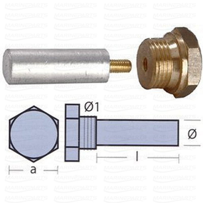 Bukh pencil anode Ø12 L.35 complete with brass plug th.3/8'' UNC ...